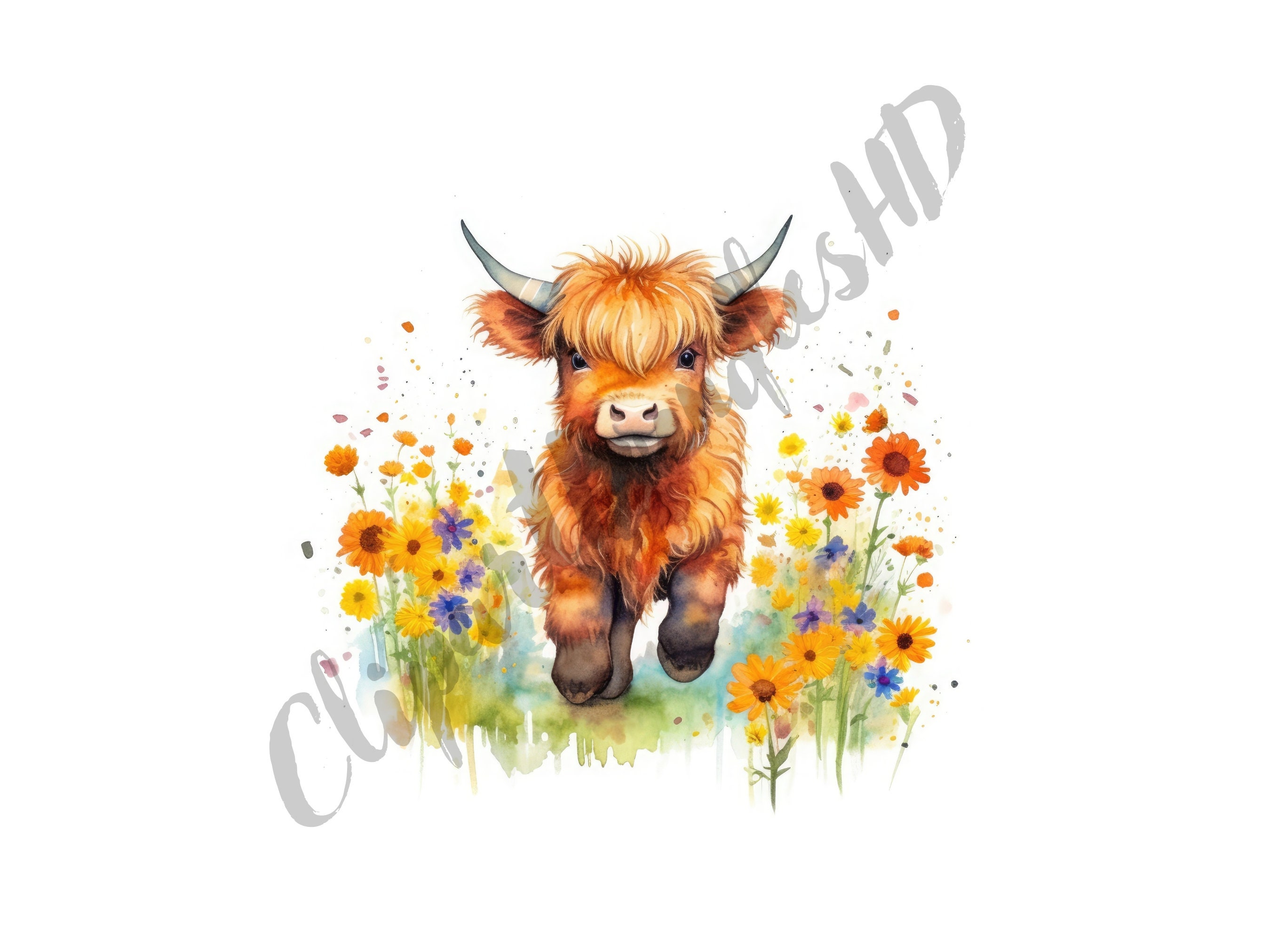 Realistic Highland Cow Baby Watercolor Clipart 15 JPG - Etsy