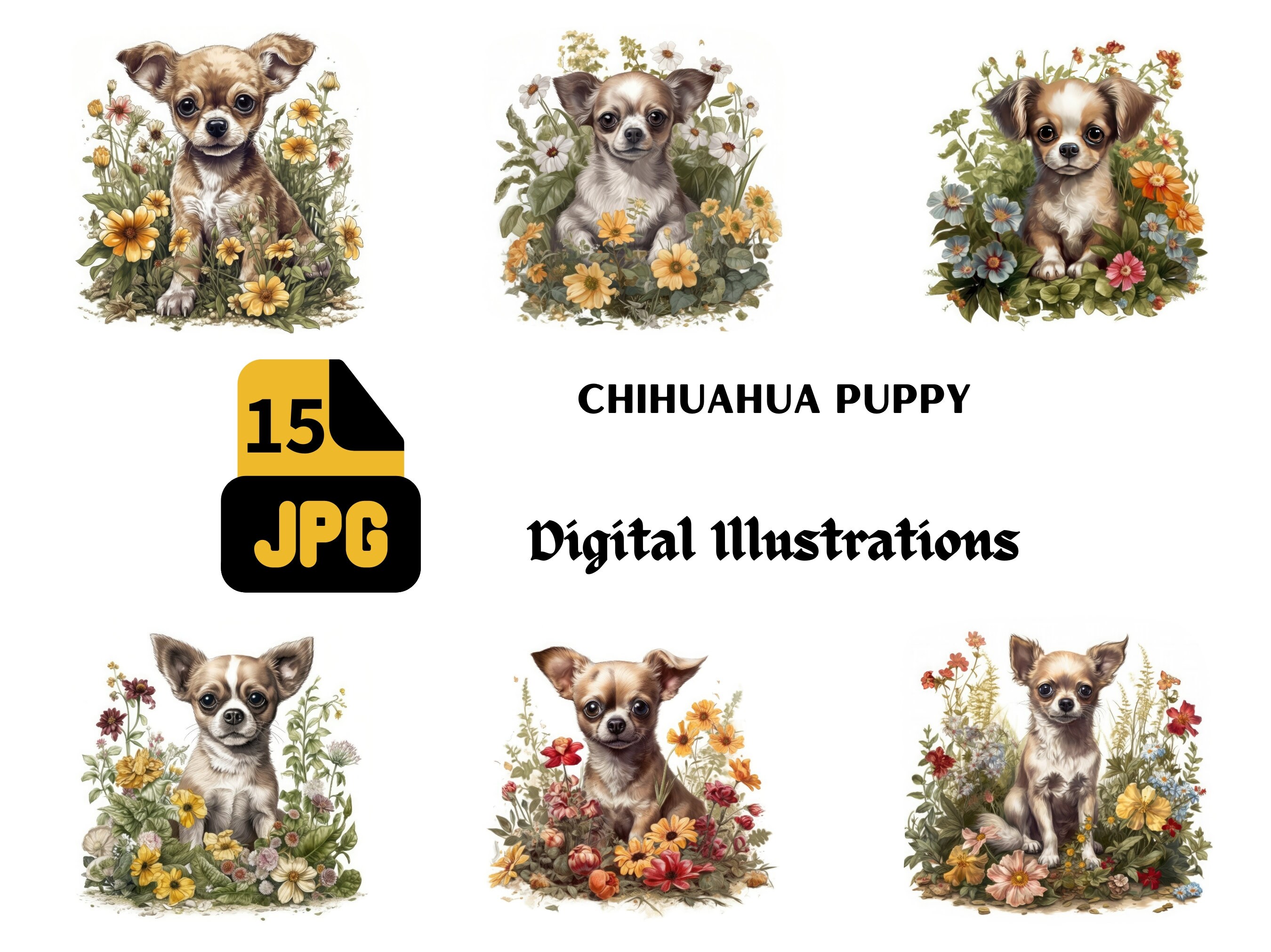 Chihuahua Puppy Clipart Bundle Tiny Dog Illustrations Printable Pet Art ...
