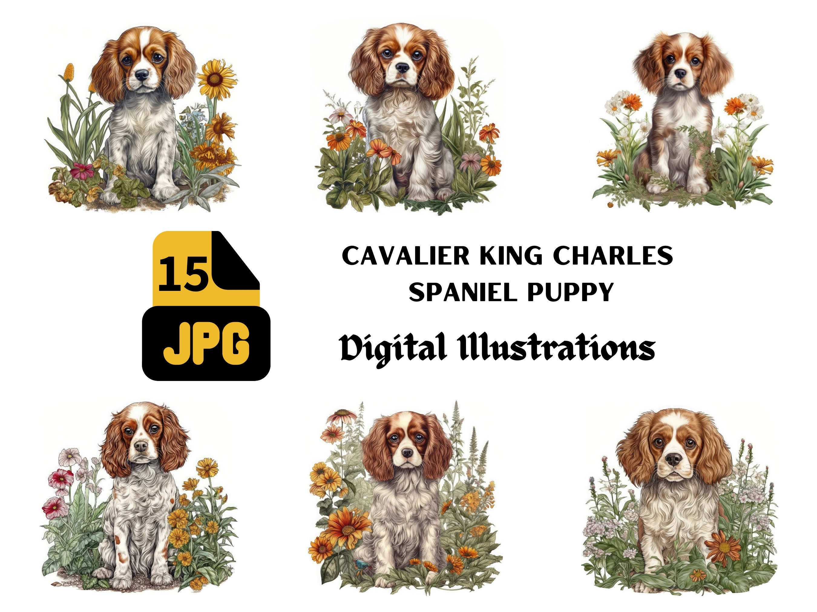 Cavalier King Charles Spaniel Puppy Clipart: Dog Lover Art (15 JPG ...