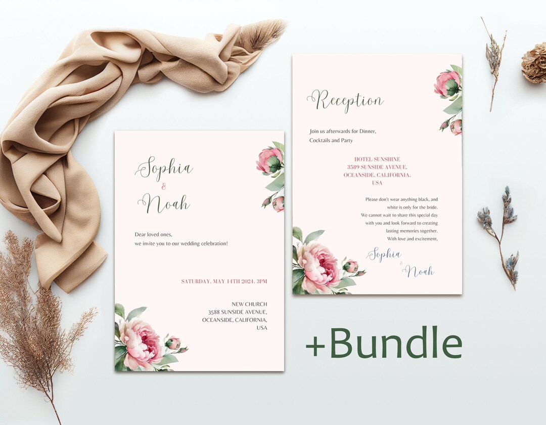 Peony Wedding Invitation Template, Editable & Printable Template Bundle ...