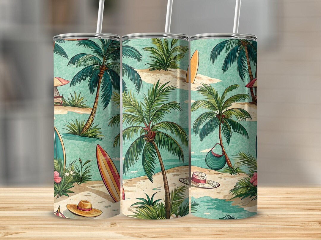 Tropical Beach Digital Papers, Summer Palm Trees Pattern, Surfboard ...