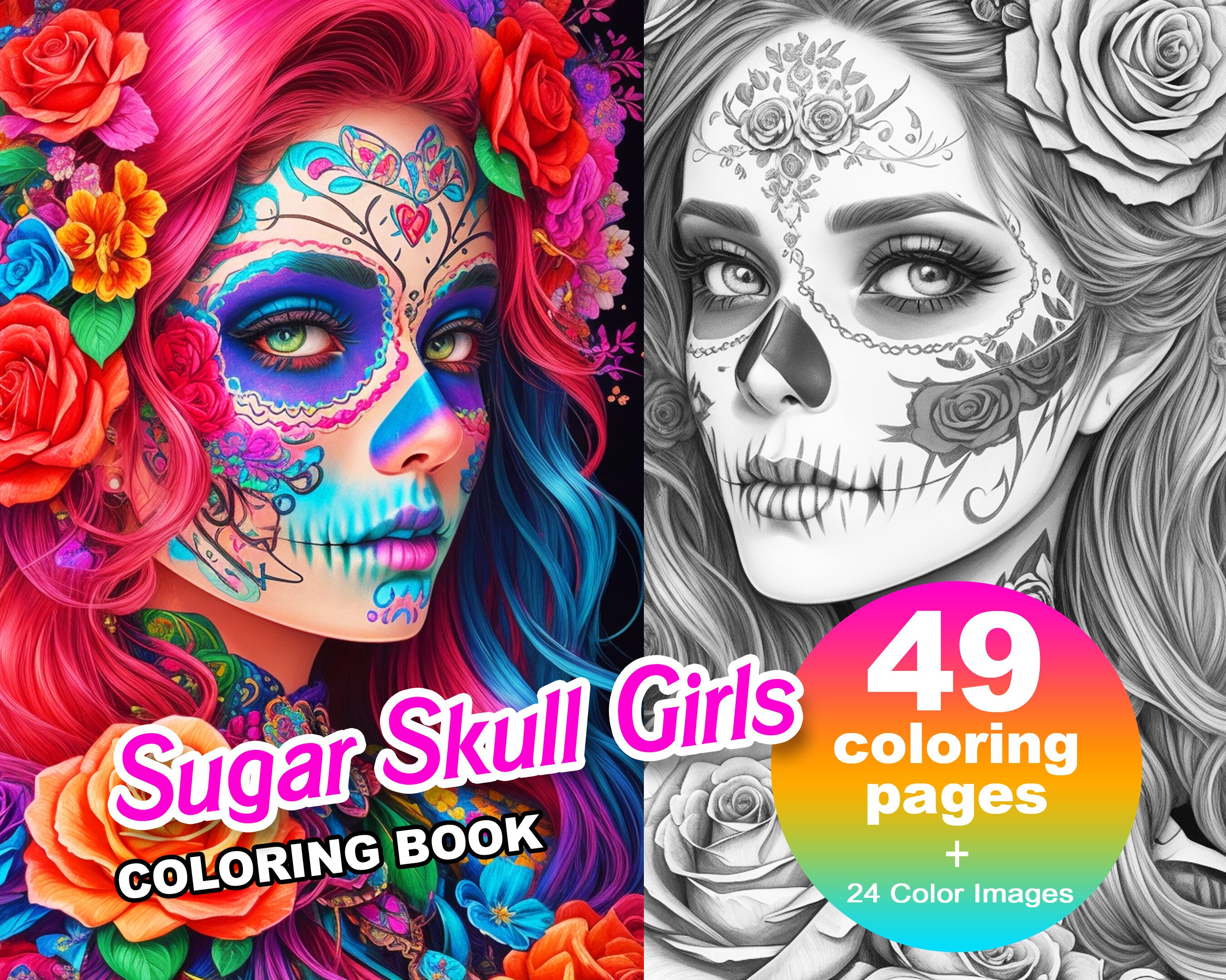 Sugar Skull Girls Coloring Page, Adults Kids Instant Download ...