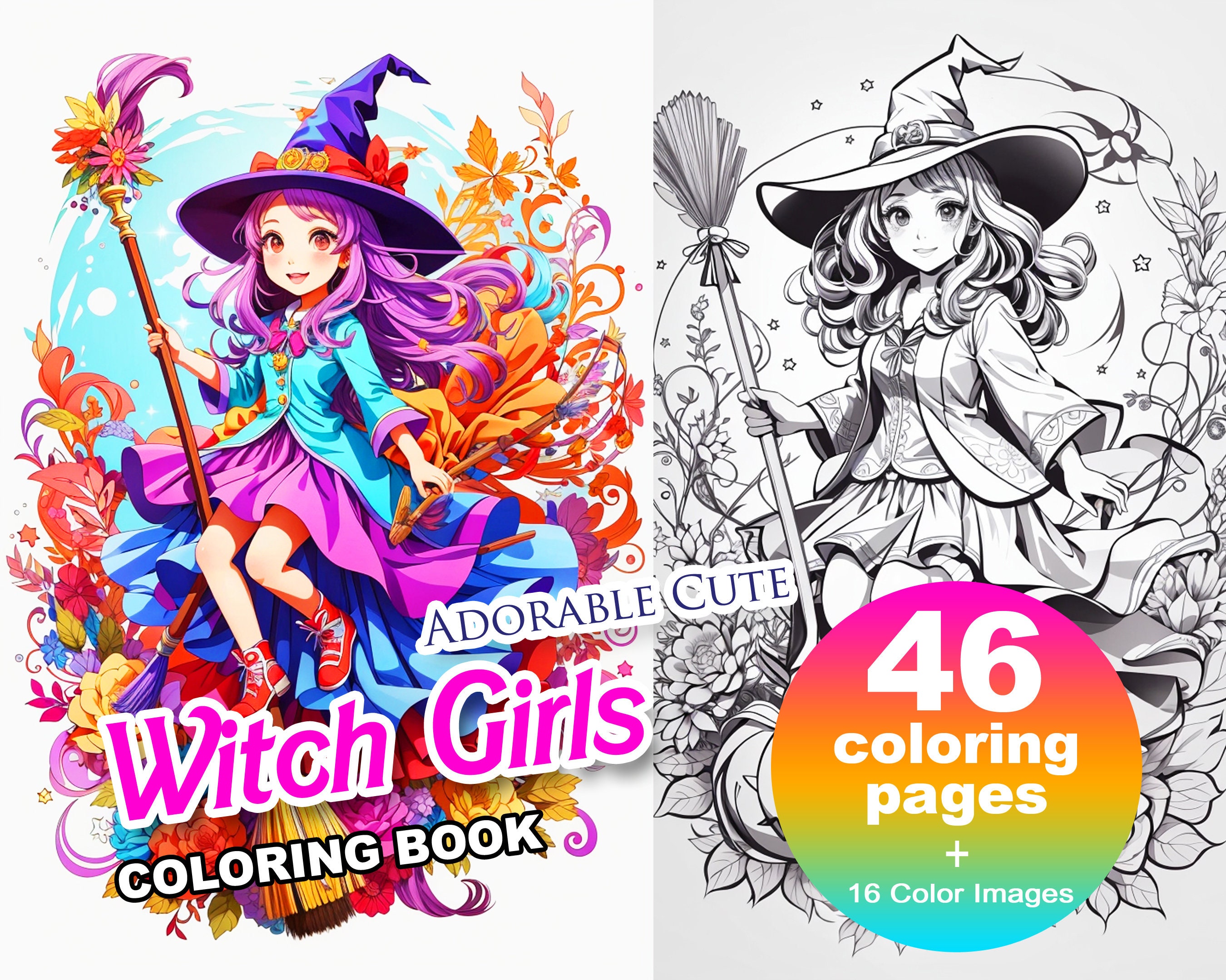 Cute Halloween Witch Girl Coloring Pages Book Anime Style - Etsy