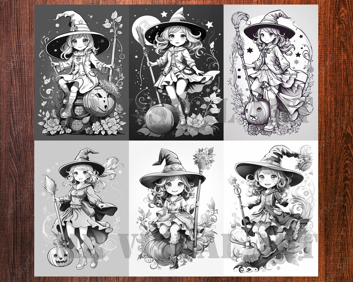 Cute Halloween Witch Girl Coloring Pages Book Anime Style - Etsy
