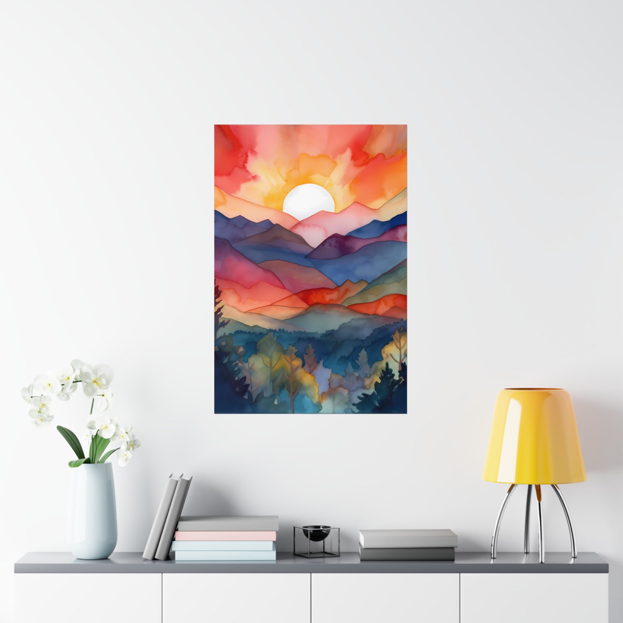 Vivid Sunset Watercolor Poster Art Beautiful Sunset Poster for Bedroom ...