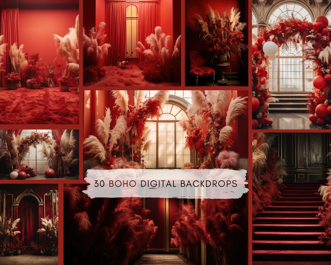 30 Red Boho Floral Digital Backdrops, Maternity Backdrop Overlays ...