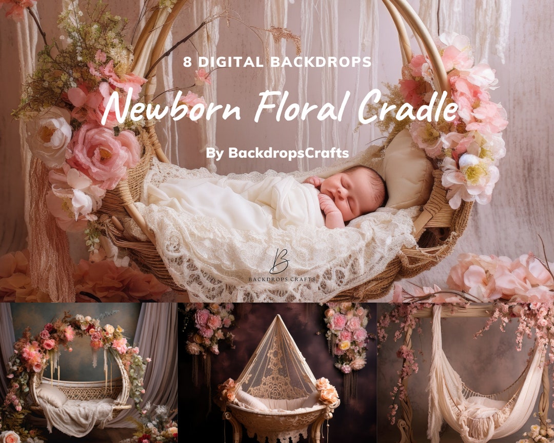 8 X Newborn Digital Backdrops, Floral Baby Cradle Backgrounds, Sakura ...