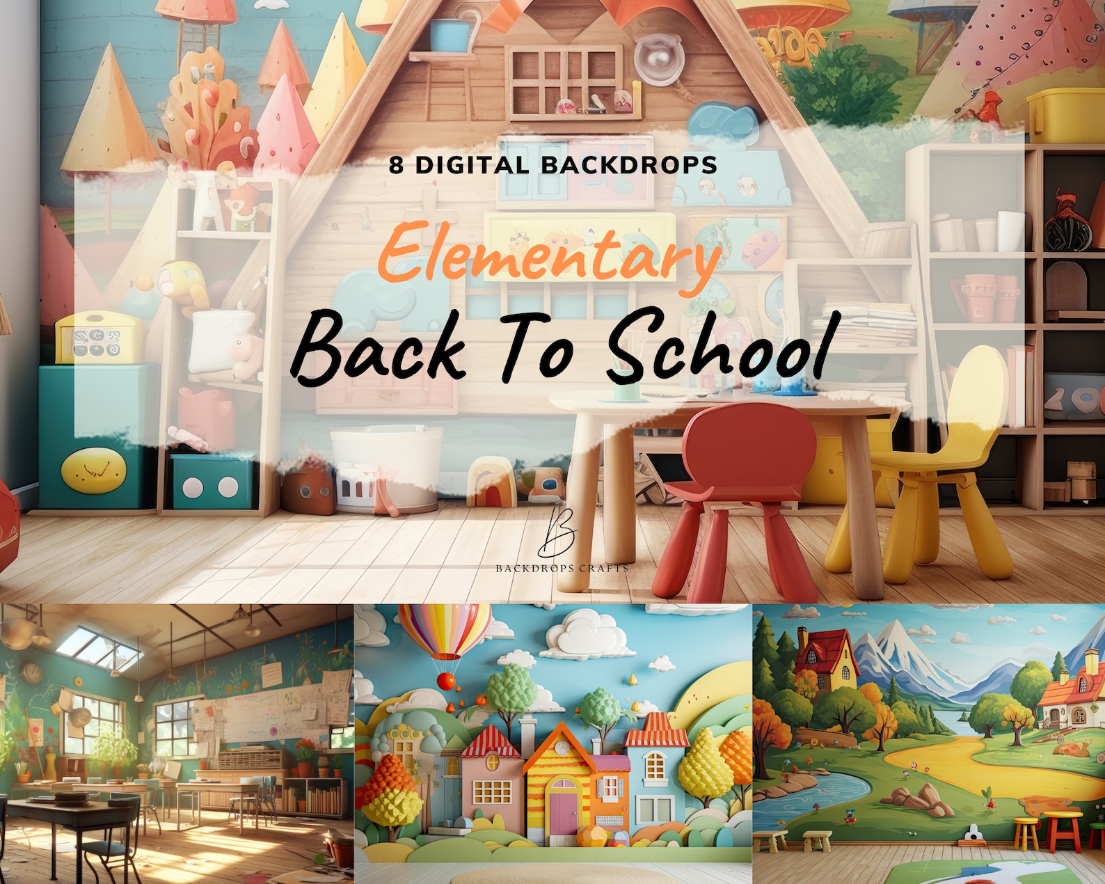 Back to School Digital Backdrops, Elementary Backgrounds for Children ...