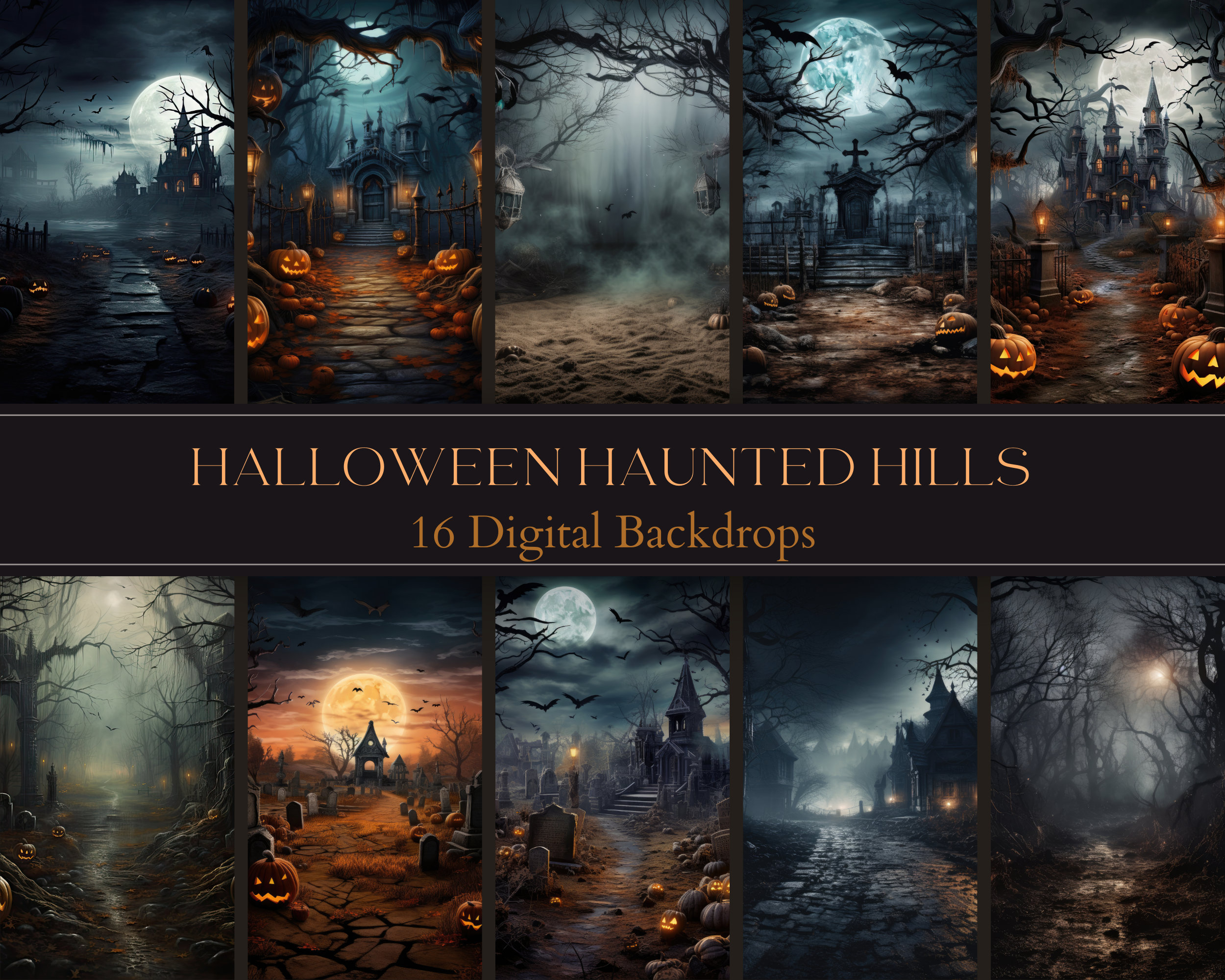 16 Halloween Digital Backdrops of Haunted Hills, Scary Backgrounds ...