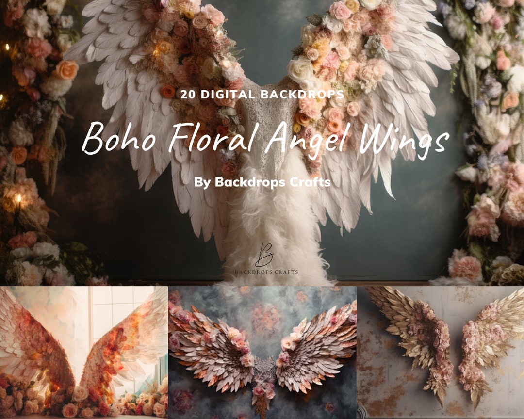 20 Digital Backdrops, Boho Floral Angel Wings Digital Backgrounds ...