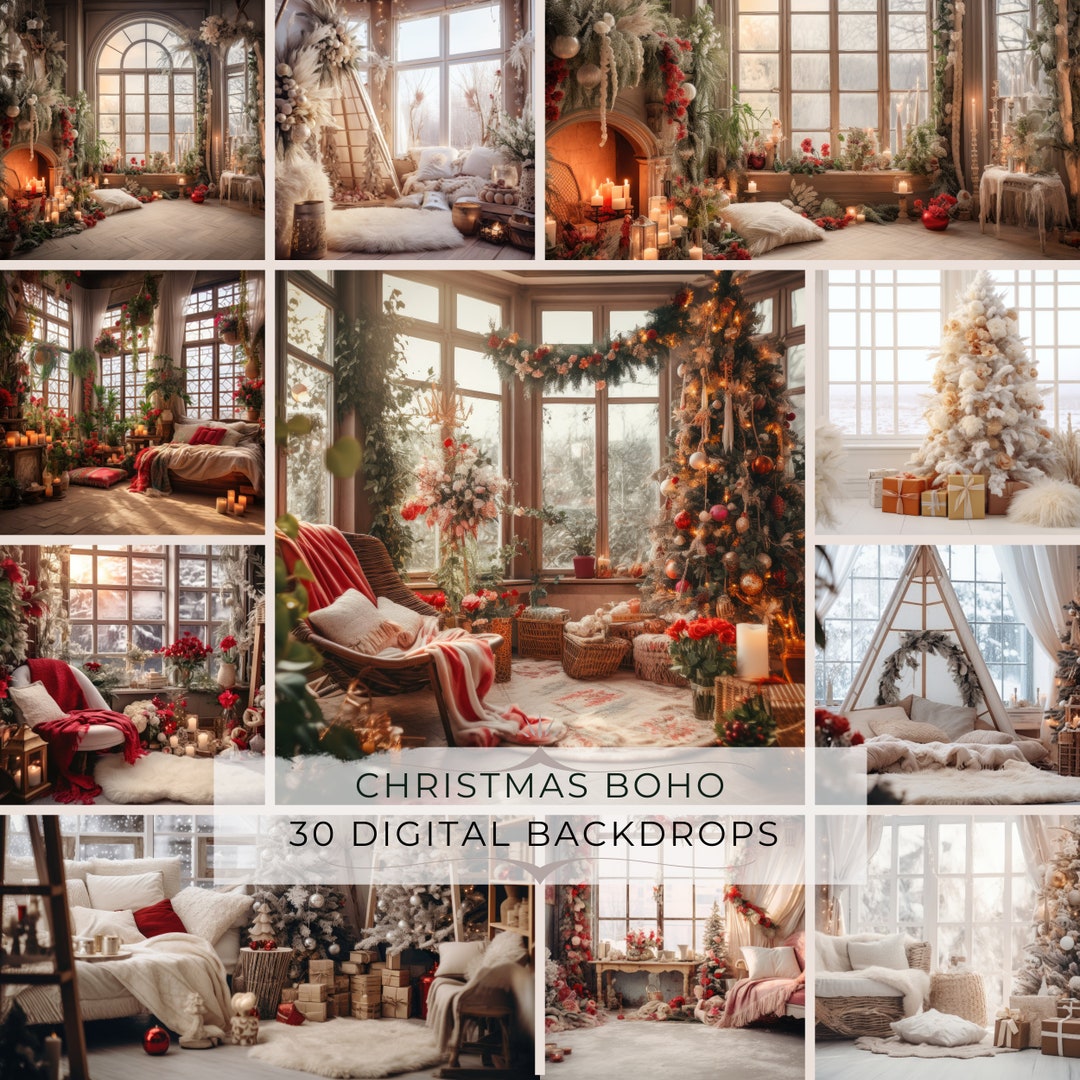 Christmas Boho Digital Backdrops, Holiday Background for Photoshop ...