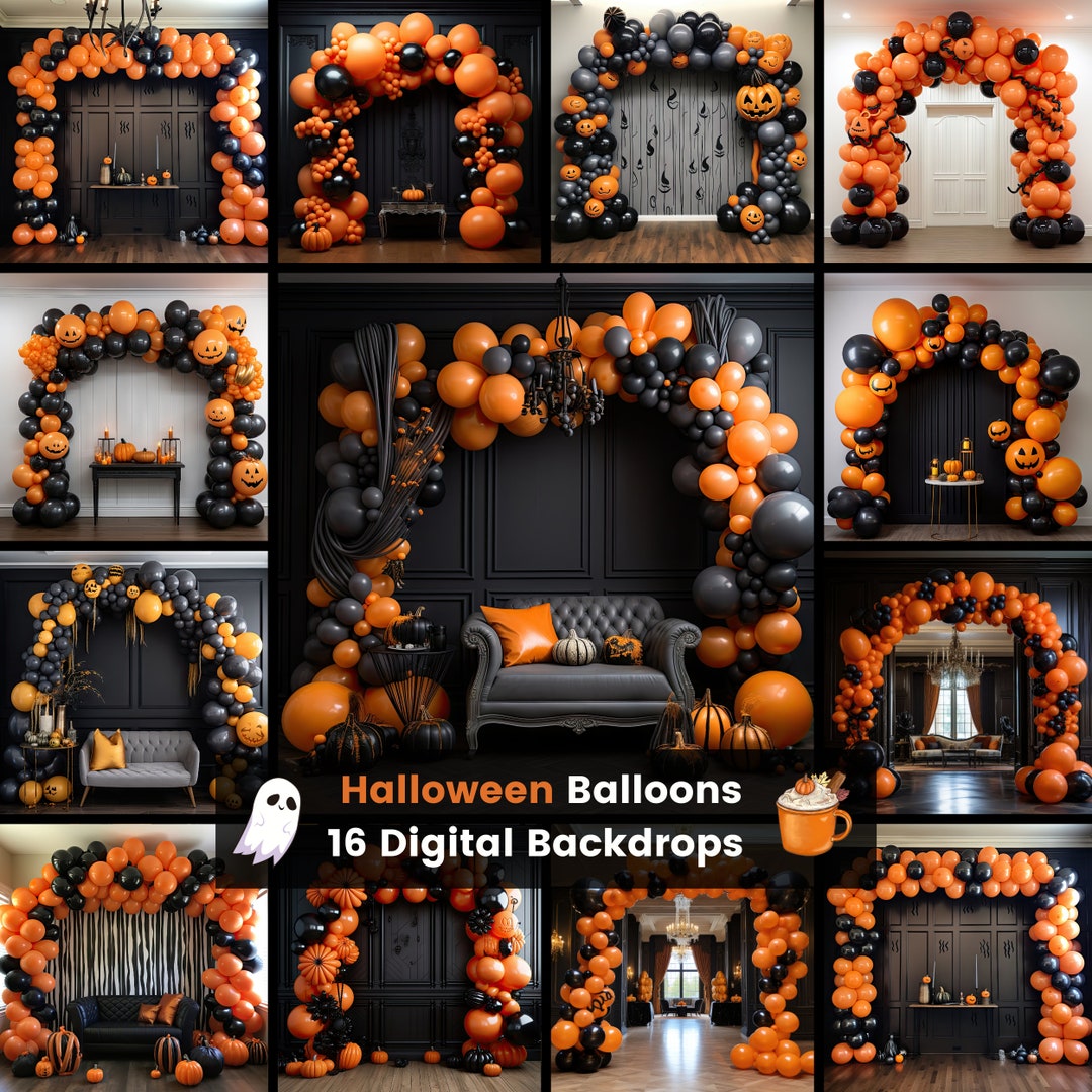 Halloween Balloons Room Backdrop Digital Backgrounds Holiday Orange and ...
