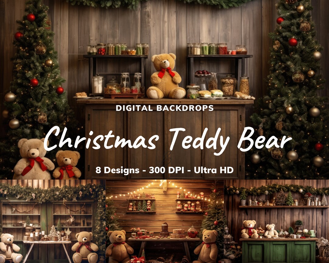 8 Christmas Digital Background Photography, Cute Christmas Teddy Bear ...