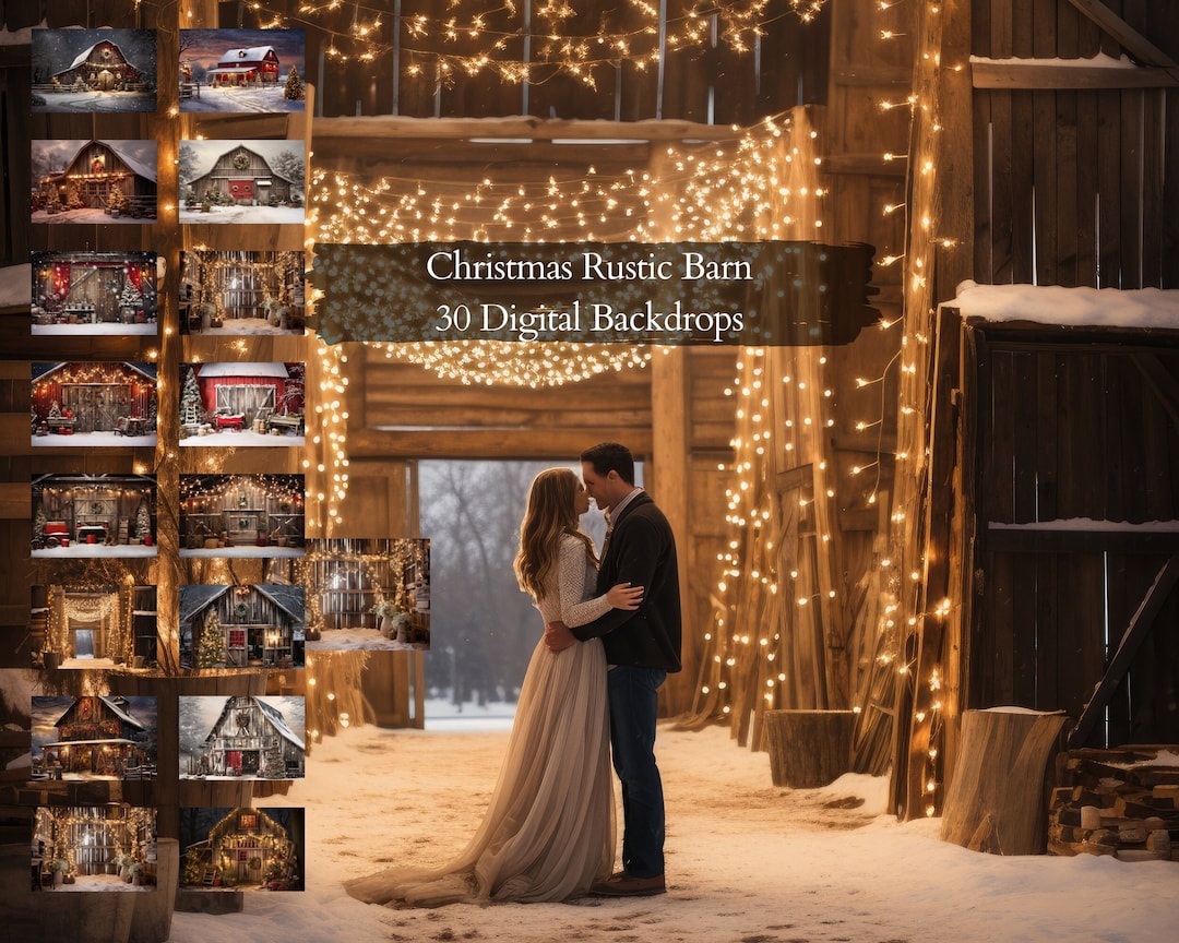 Christmas Rustic Barn Digital Backdrops, Christmas Lights Background for Studio Photography ...