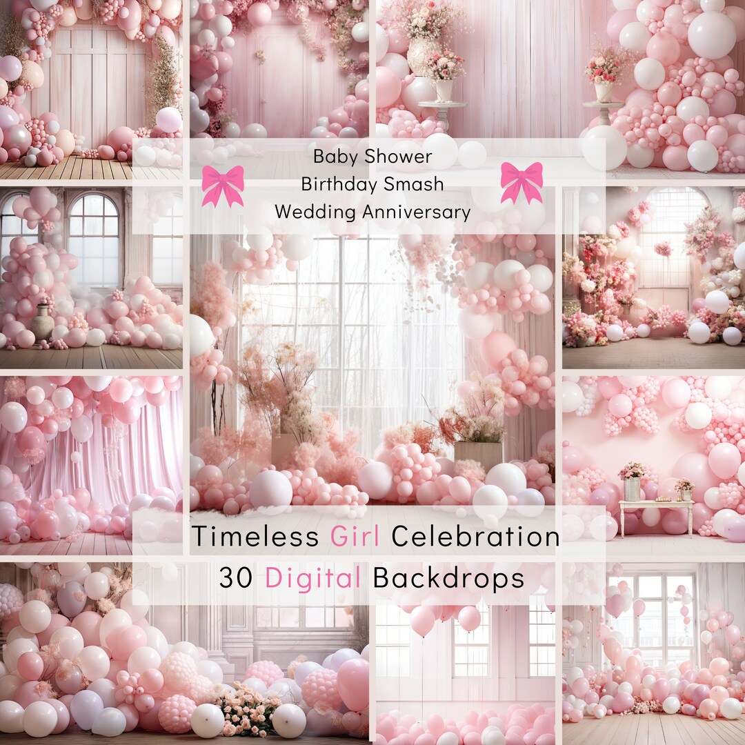 30 Pink and White Digital Backdrops, Balloons Arch Babydream, Girl Baby ...