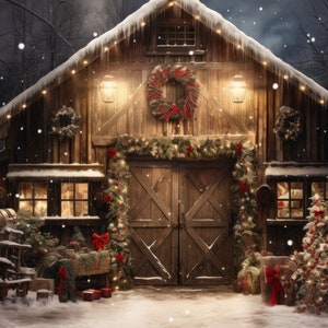 Christmas Rustic Barn Digital Backdrops, Christmas Lights Background for Studio Photography ...