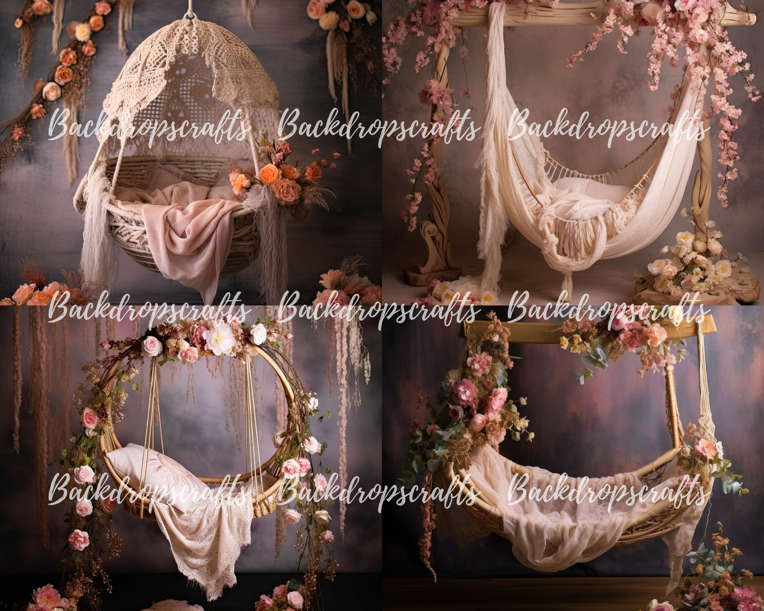 8 X Newborn Digital Backdrops, Floral Baby Cradle Backgrounds, Sakura ...