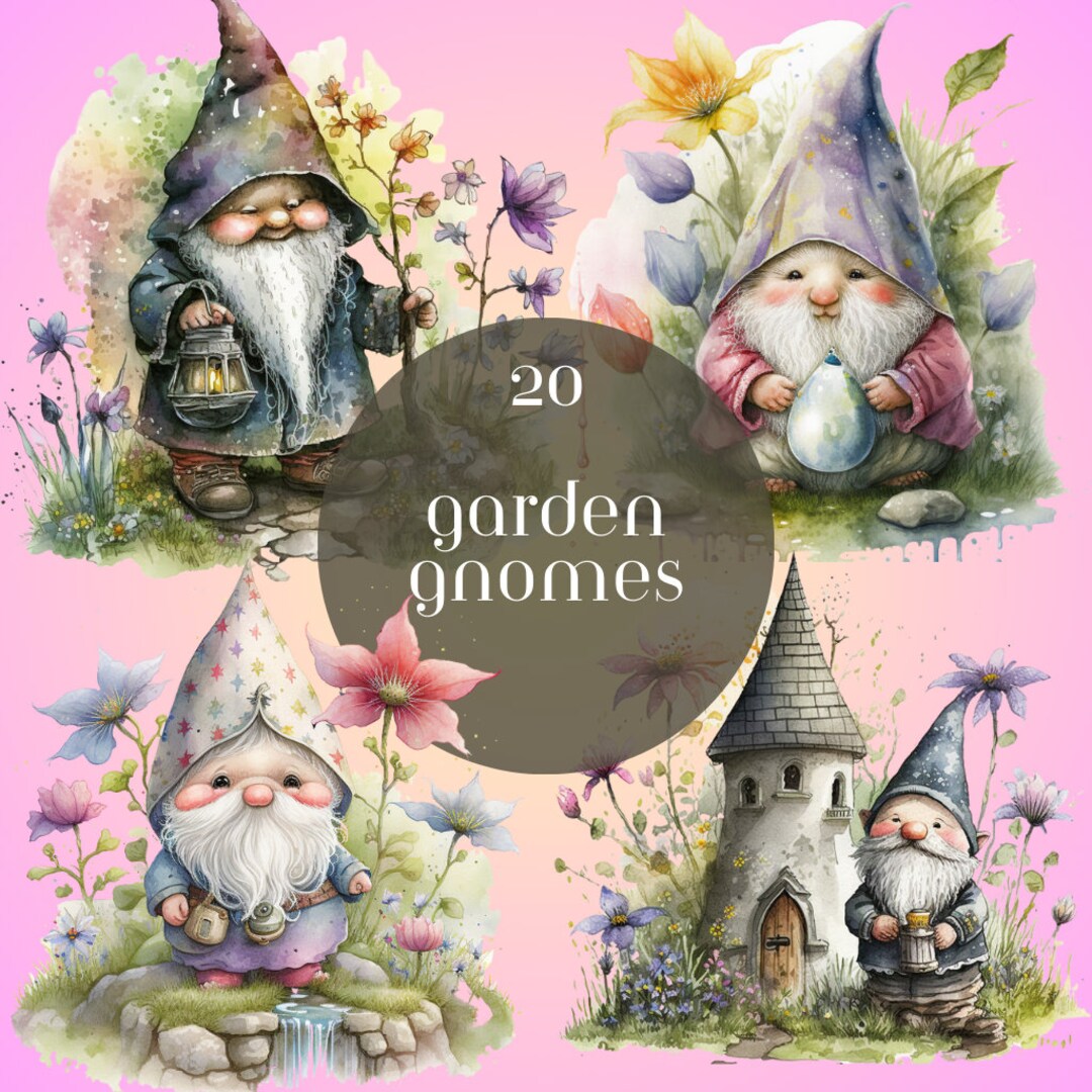 Watercolor Garden Gnomes - Floral Spring Fantasy Clip Art, PNG, Instant ...
