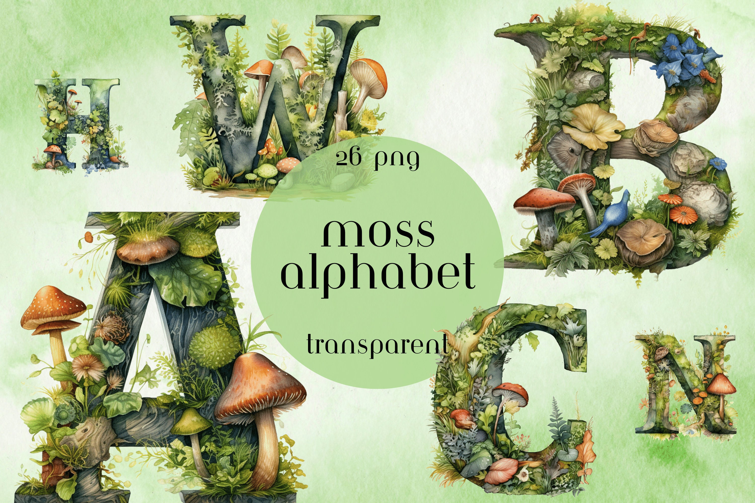 Watercolor Moss Alphabet Letters, This Fungi Mushroom Font is for ...