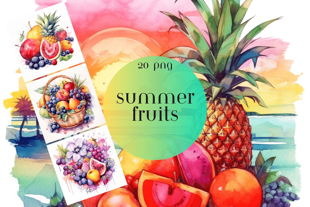 Watercolor Summer Fruits, These Tropical Fruit Bundle in for Commercial ...