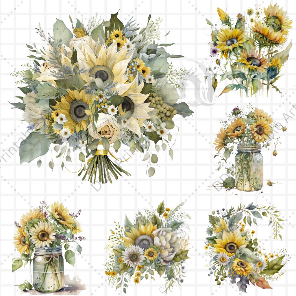 Watercolor Sunflower Clipart These Floral Bouquets Are for Commercial ...
