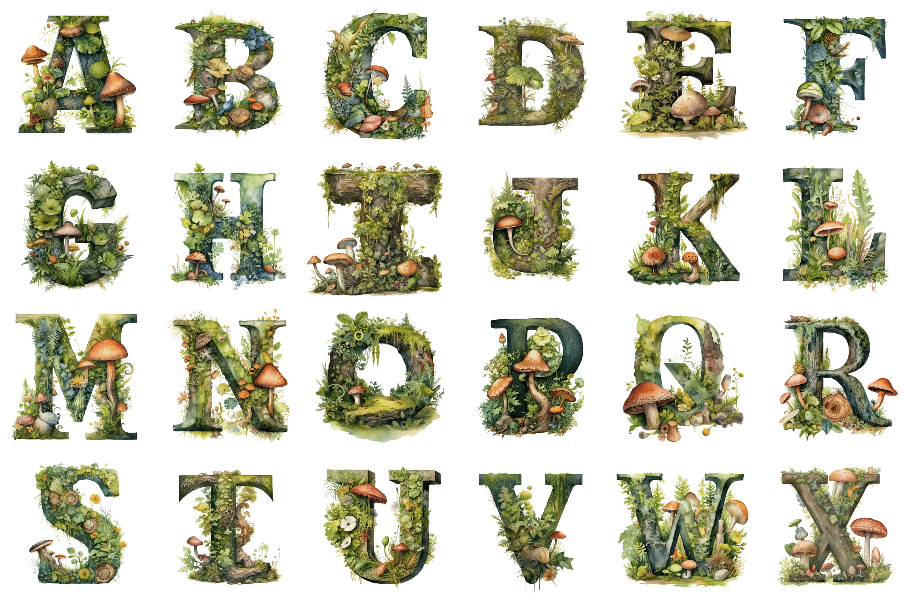 Watercolor Moss Alphabet Letters, This Fungi Mushroom Font is for ...