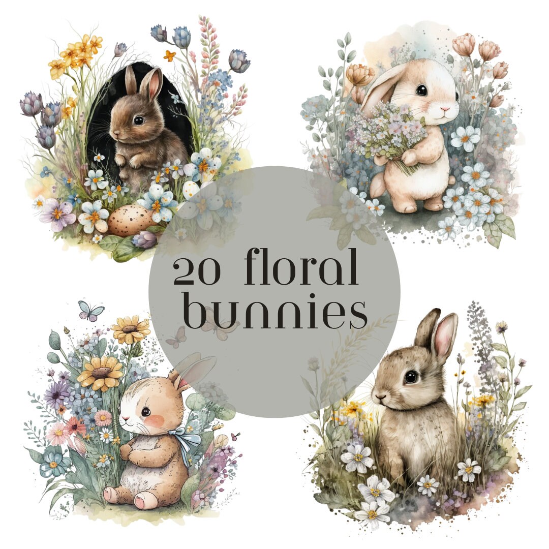 Watercolor Bunny Clipart These Floral Bunnies Are for Commercial Use ...
