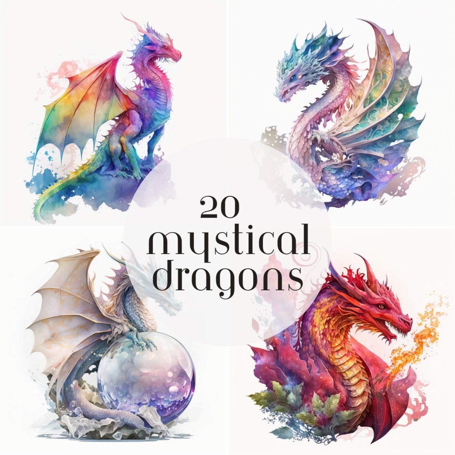 Watercolor Colorful Fantasy Dragon Clipart Fairytale Images - Etsy
