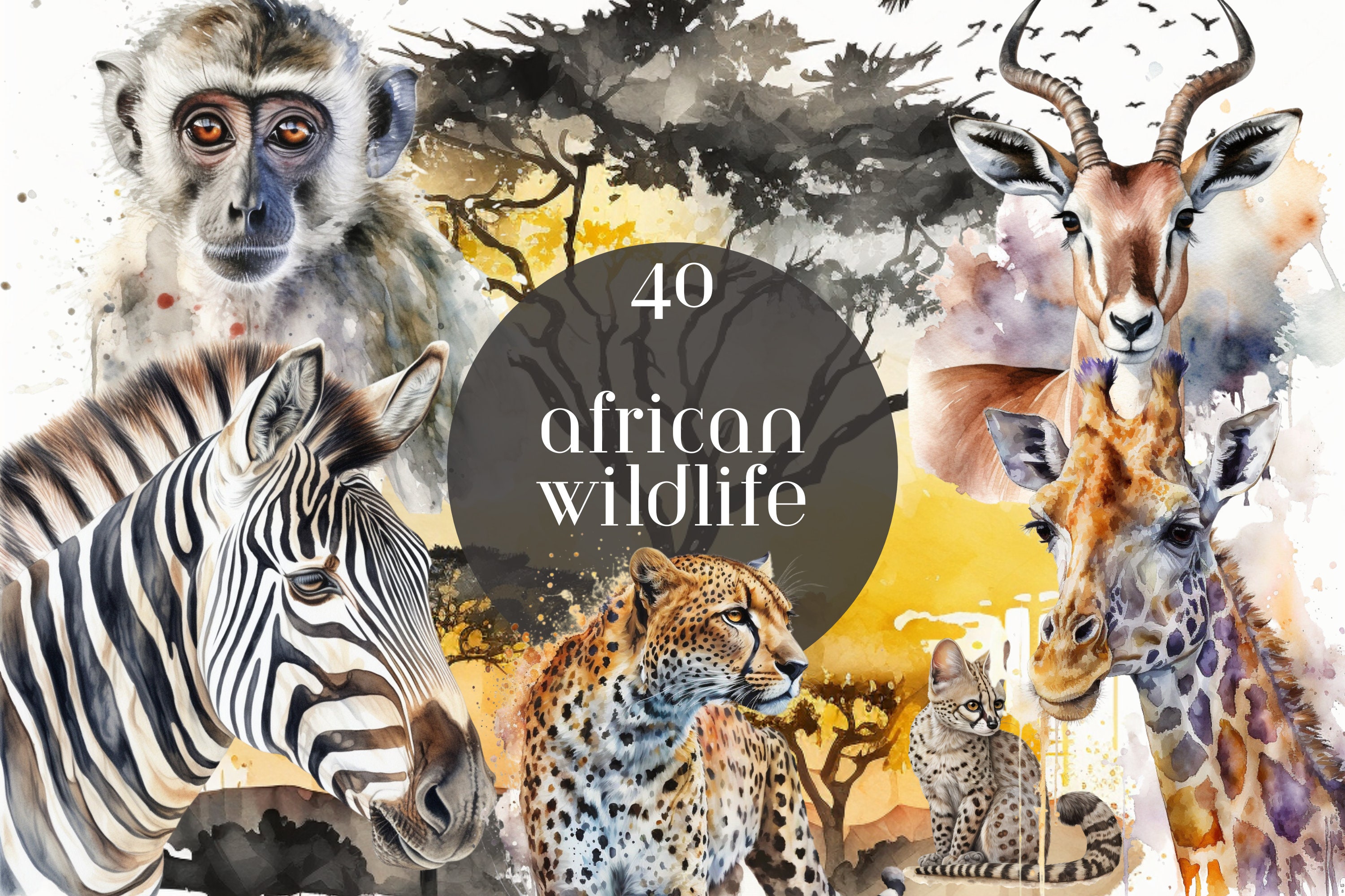 African Wildlife Watercolor Clipart Bundle: Safari Animals Digital ...