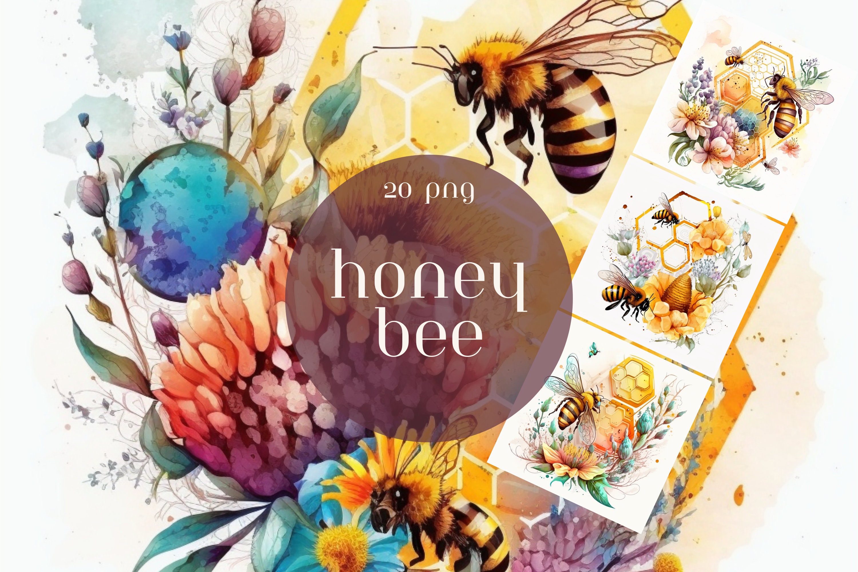 Watercolor Honey Bee Clipart, These Spring Garden Bees and Honey Drips ...