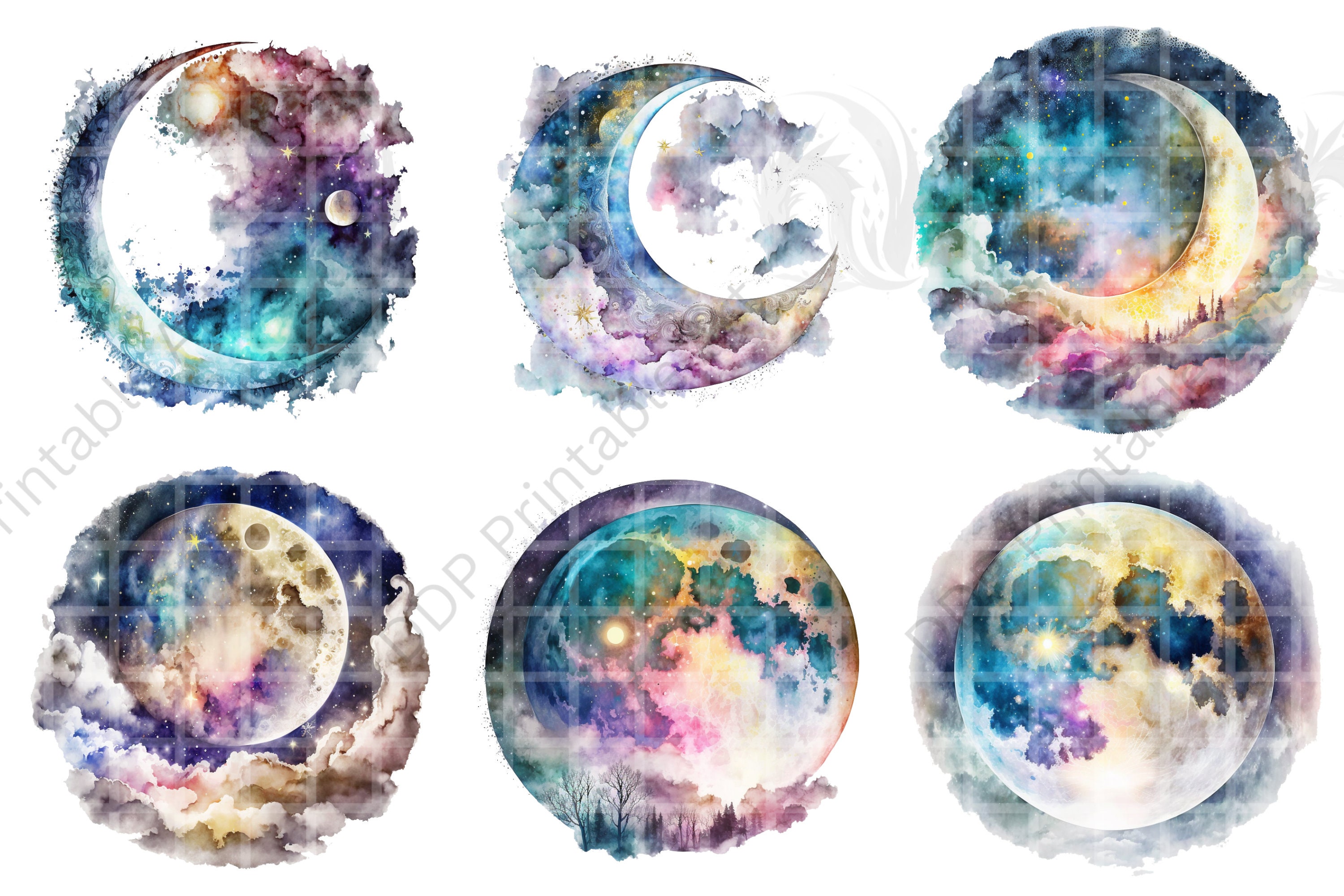 Watercolor Celestial Moons Clipart Heavenly and Angelic Moons Are for ...