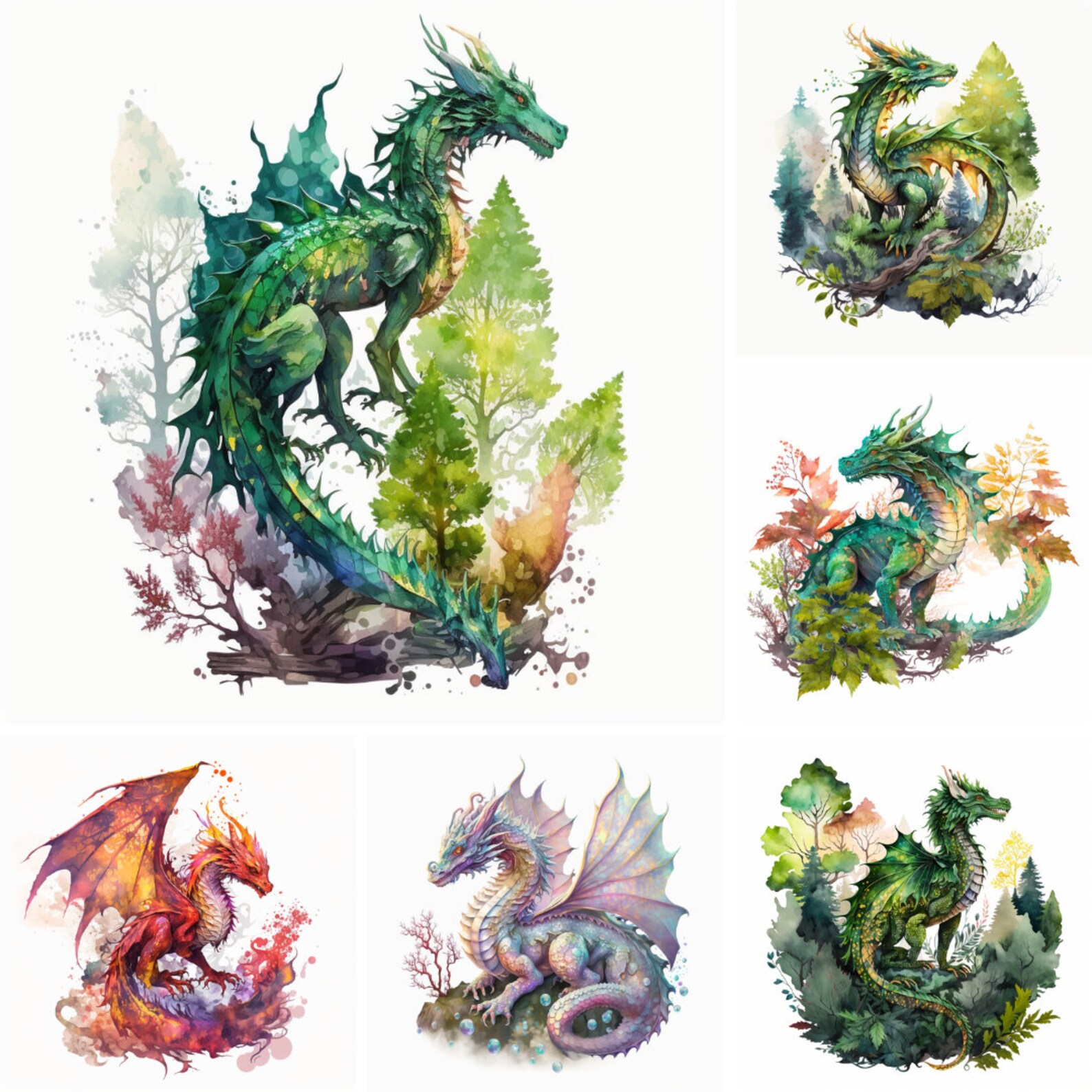 Watercolor Colorful Fantasy Dragon Clipart Fairytale Images - Etsy