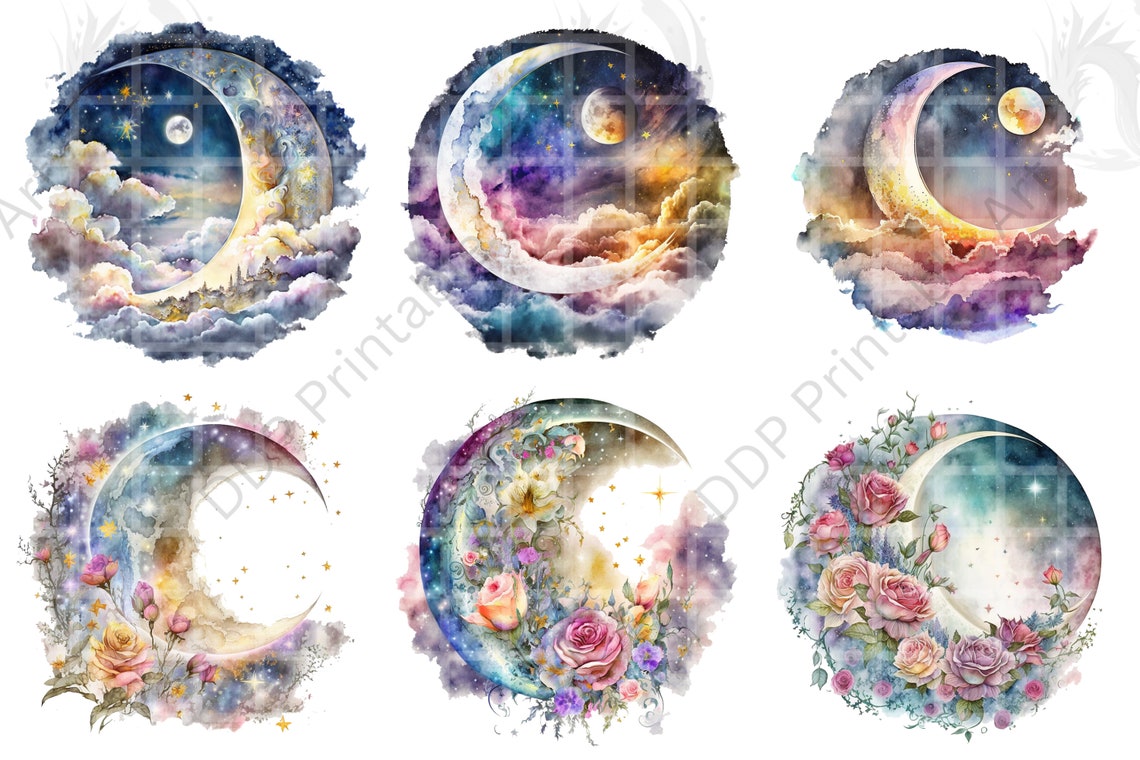 Watercolor Celestial Moons Clipart Heavenly and Angelic - Etsy