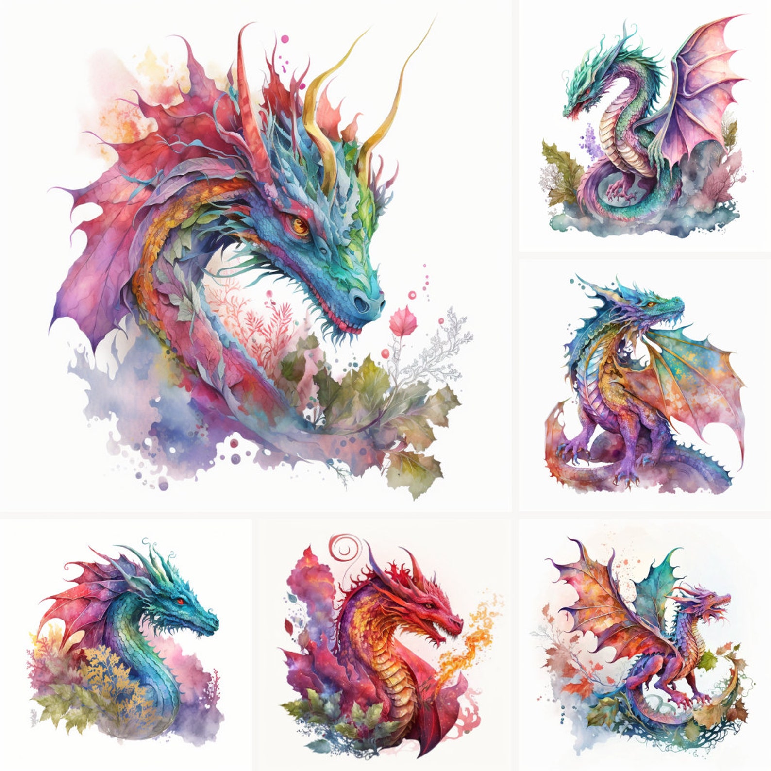 Watercolor Colorful Fantasy Dragon Clipart Fairytale Images - Etsy