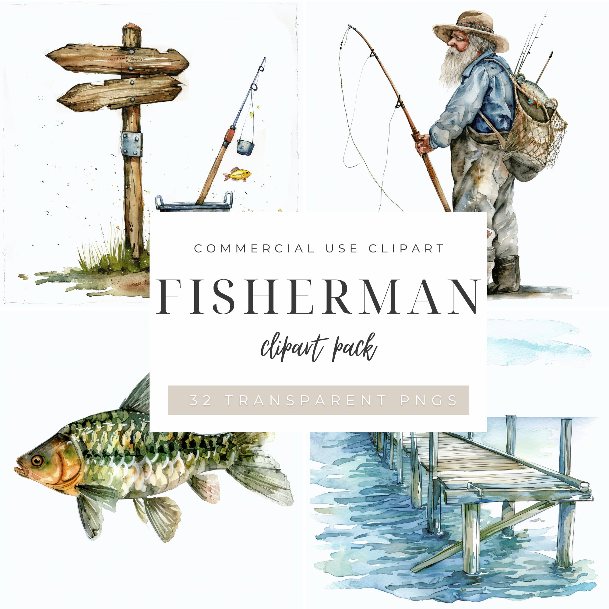 Watercolor Fisherman Clipart PNG 300 DPI 32 Images - Etsy