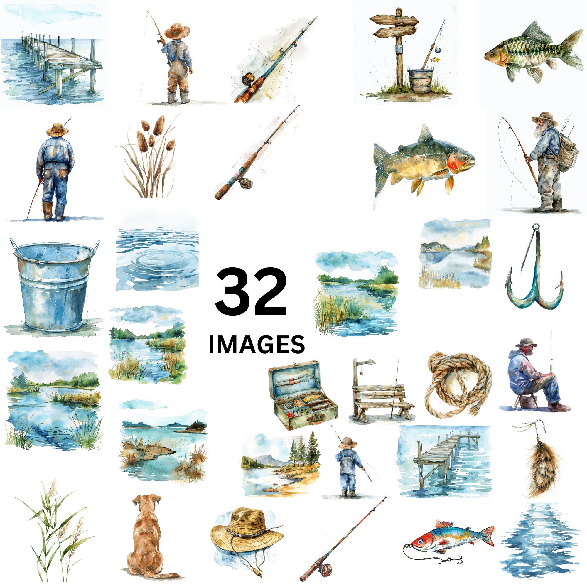 Watercolor Fisherman Clipart PNG 300 DPI 32 Images - Etsy