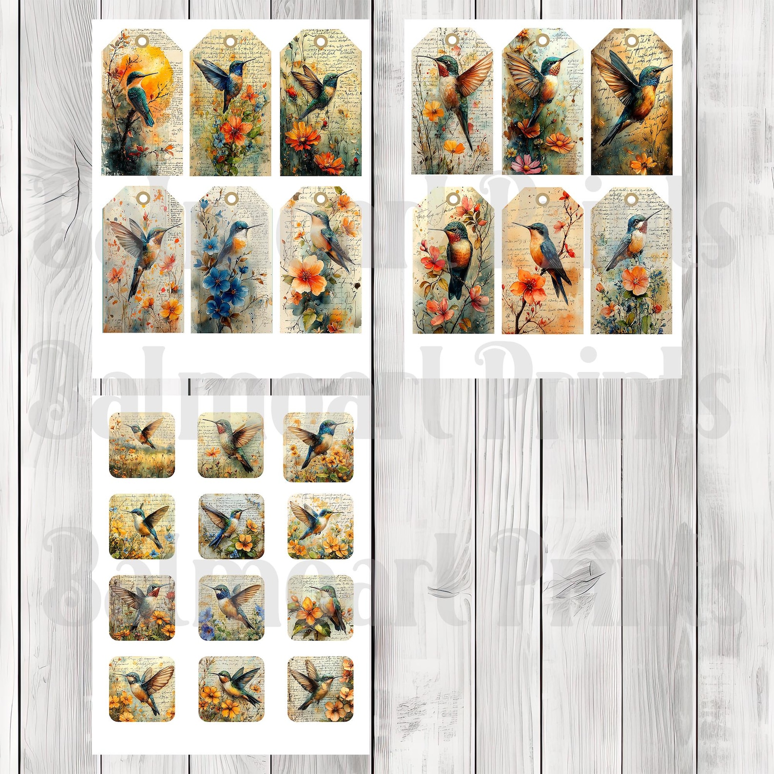 Vintage Hummingbird Tag and Label Set - Collage Scrapbook - Patchwork ...