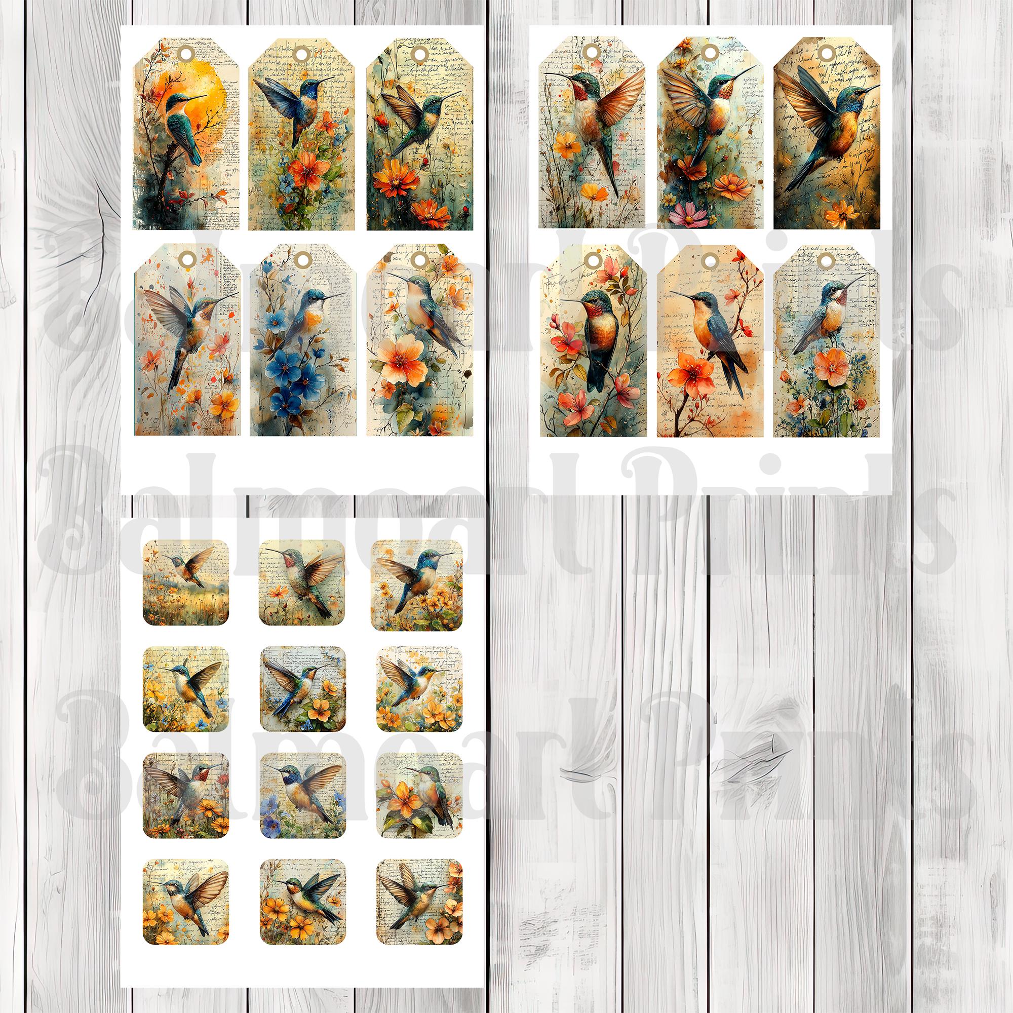 Vintage Hummingbird Tag and Label Set - Collage Scrapbook - Patchwork ...