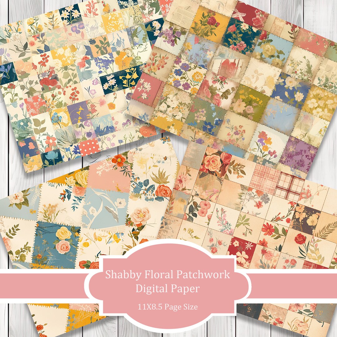 Shabby Floral Patchwork - Journal Paper Set, Junk Journal Pages, Junk ...
