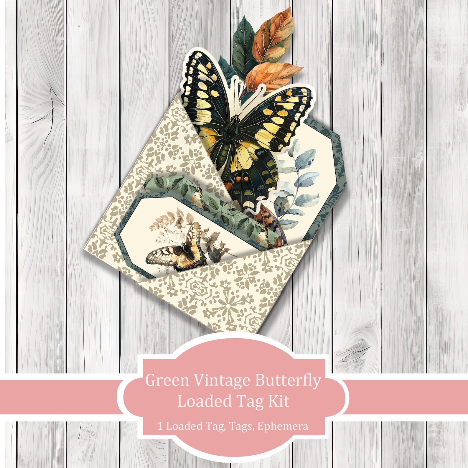 Vintage Green Butterfly Loaded Tag Kit - Loaded Tags | Ephemera Labels ...