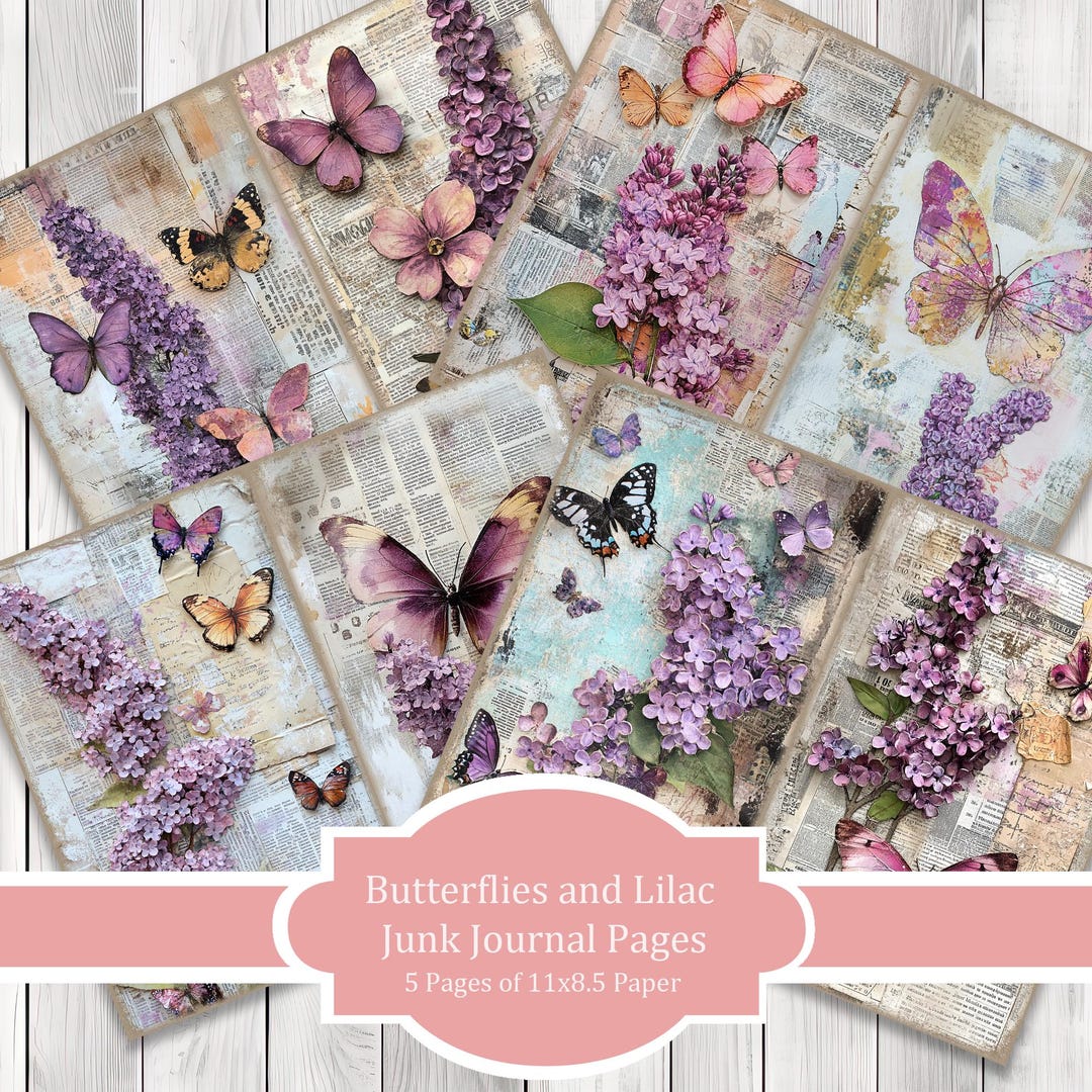 Butterflies and Lilac - Journal Paper Set, Junk Journal Pages, Flower ...