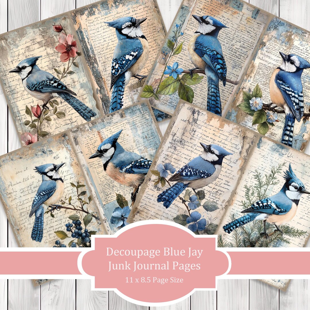 Decoupage Blue Jay - Journal Paper Set, Junk Journal Pages, Flower Junk ...