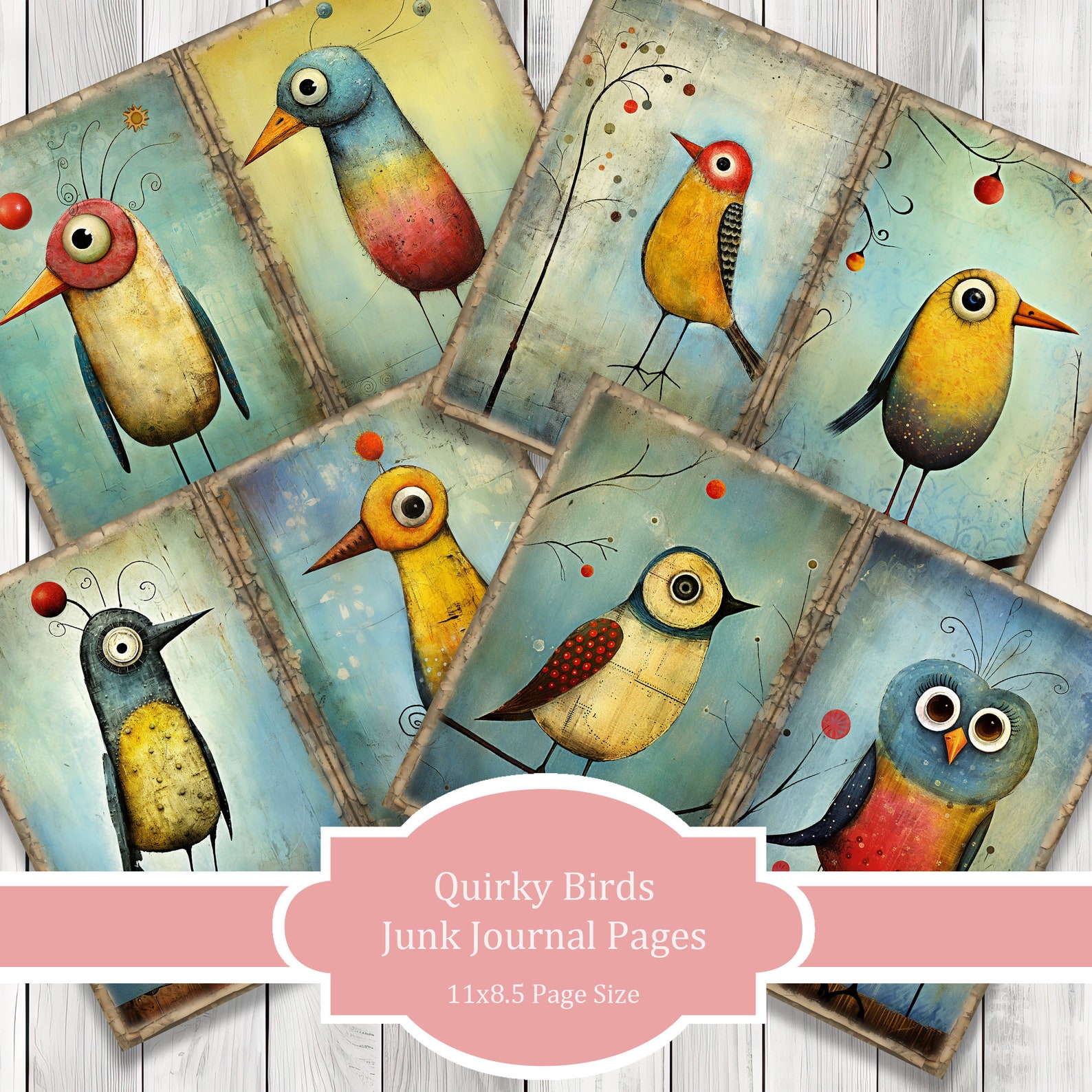 Quirky Birds - Journal Paper Set, Junk Journal Pages, Flower Junk ...