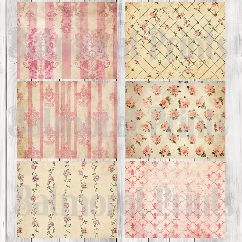 Pink Vintage Rose Digital Paper Pack, Shabby Chic Floral Scrapbook ...