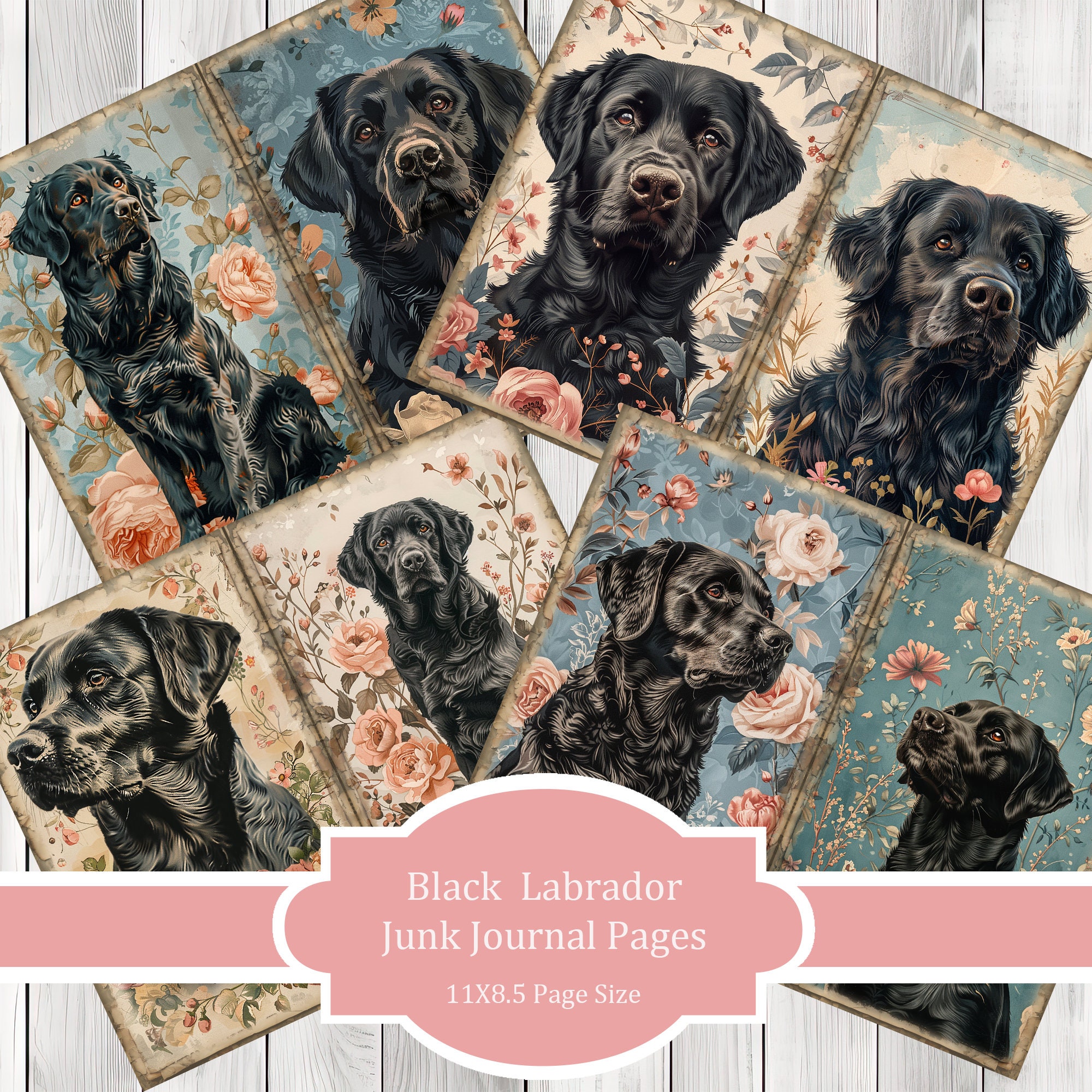 Black Labrador Journal Paper Set, Junk Journal Pages, Flower Junk ...