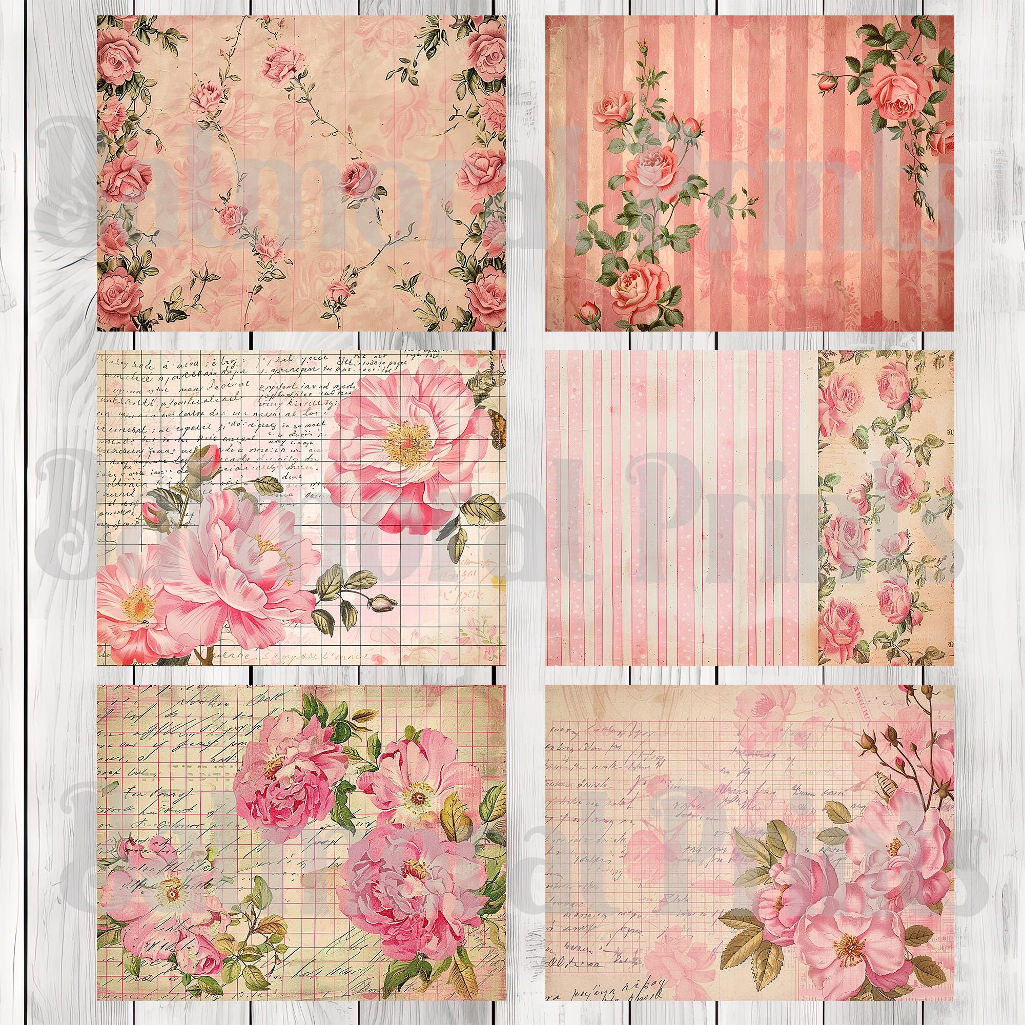 Pink Vintage Rose Digital Paper Pack, Shabby Chic Floral Scrapbook ...