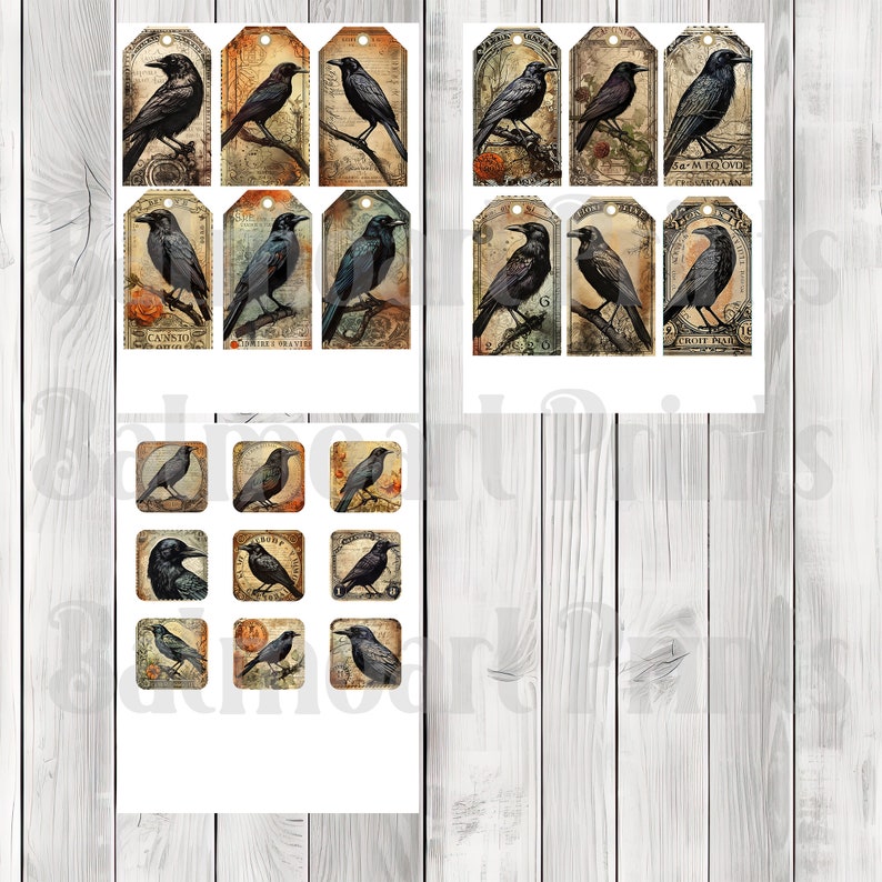 Vintage Crow Tag and Label Set - Collage Scrapbook - Patchwork Tags ...
