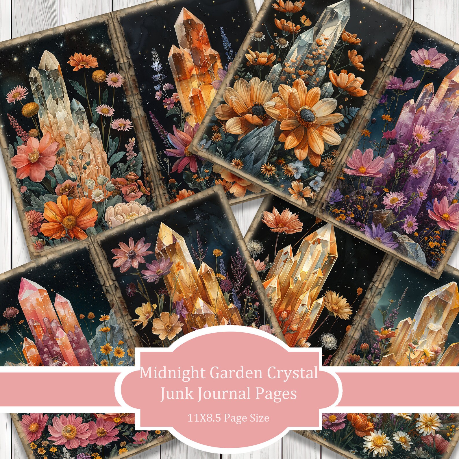 Midnight Garden Crystal - Journal Paper Set, Junk Journal Pages, Flower ...