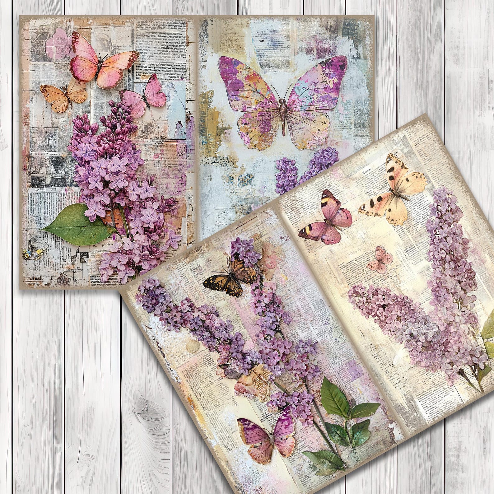 Butterflies and Lilac - Journal Paper Set, Junk Journal Pages, Flower ...
