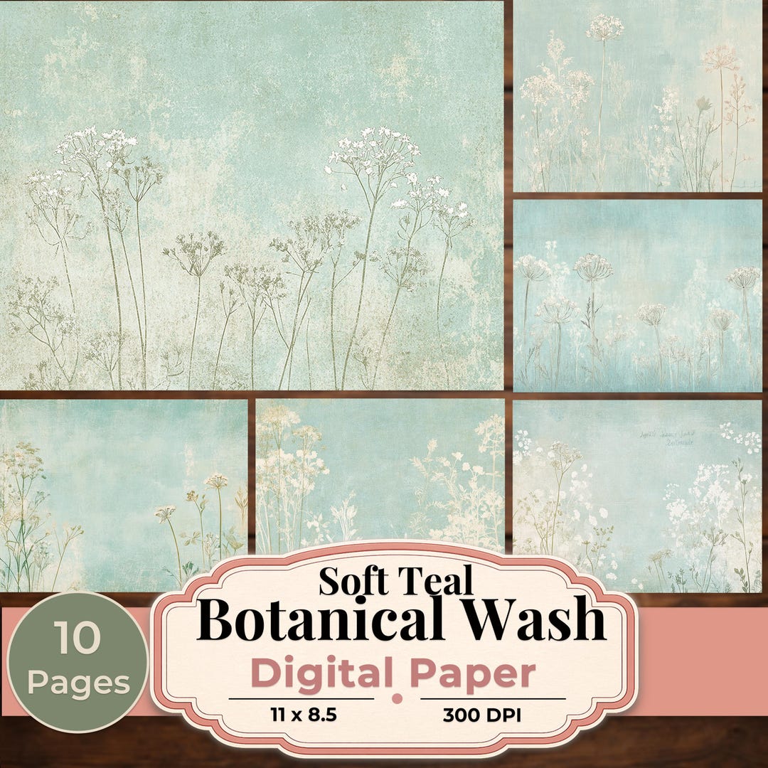 Teal Blue Digital Paper Pack, Junk Journal Pages, Soft Botanical ...